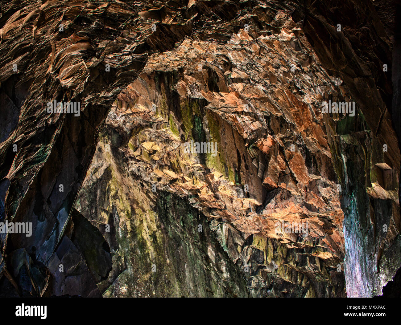 Colours of quarried stone and slate seen from a tunnel in the upper ...