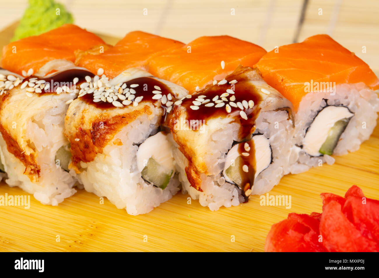 Delicious Philadelphia sushi mix with wasabi Stock Photo - Alamy