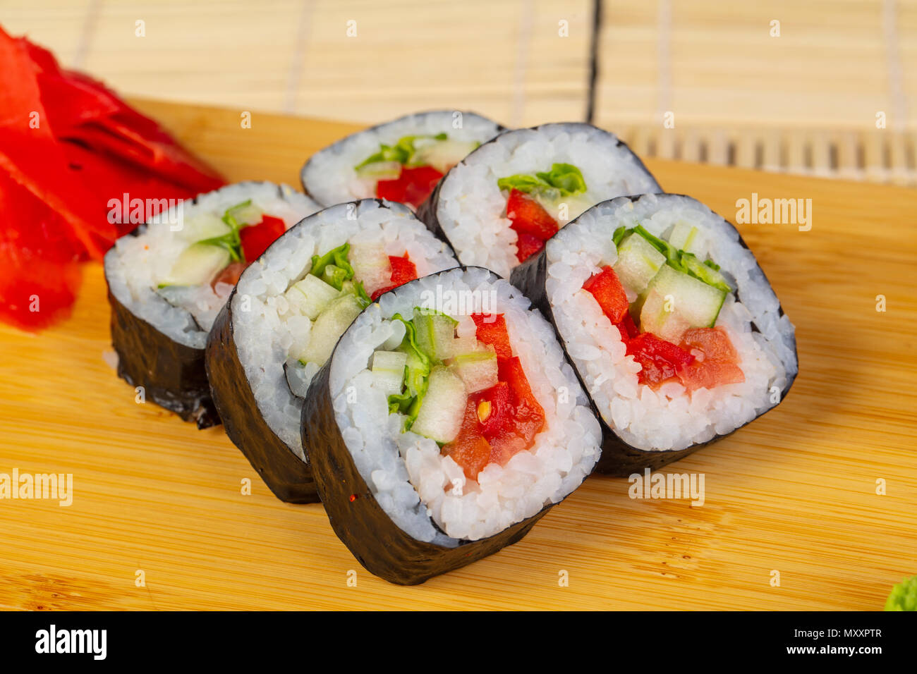 Tasty vegetable roll with wasabi and ginger Stock Photo - Alamy