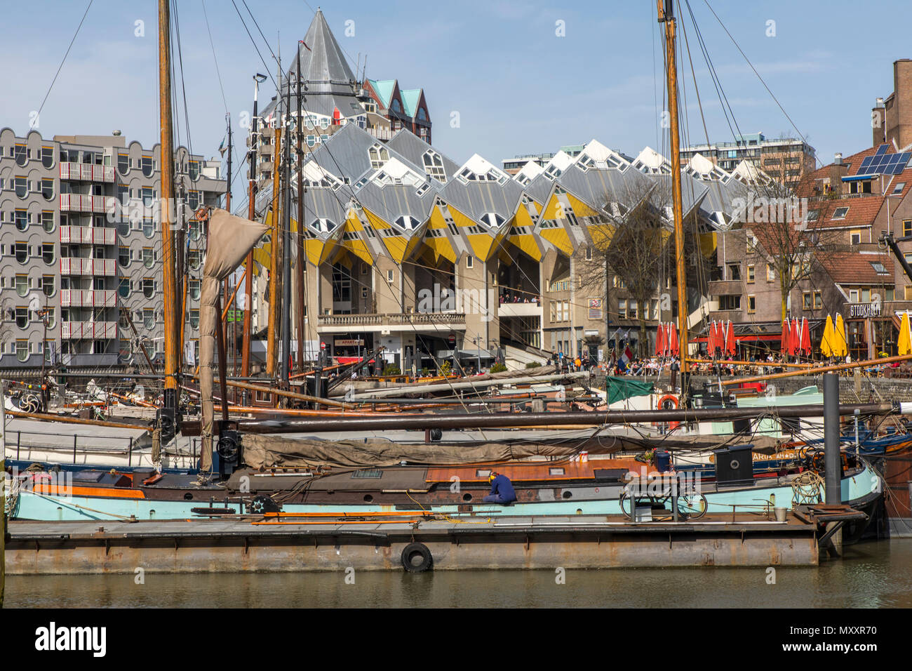 Downtown Rotterdam, Oudehaven, historic harbor, historic ships, cube ...