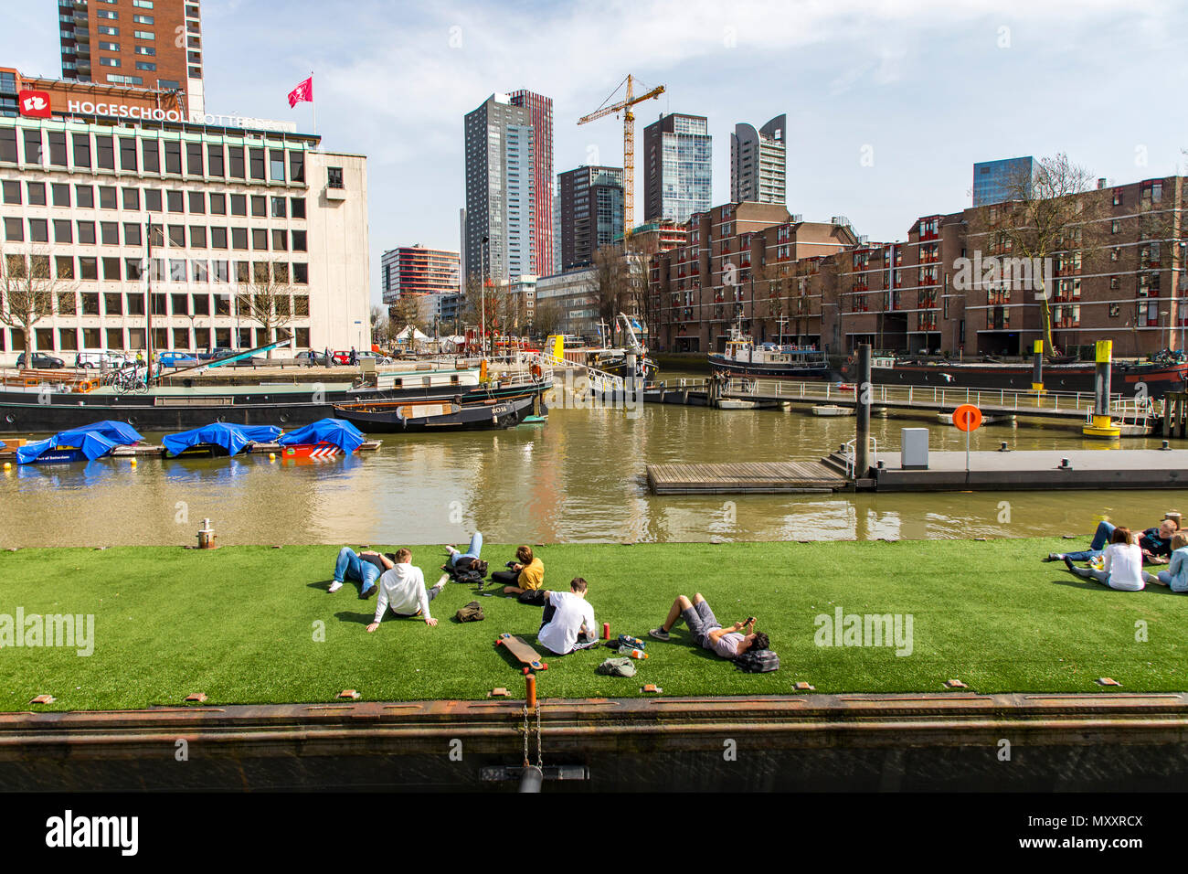 Downtown Rotterdam, Leuvehaven, historic harbor, historic ships, docks ...