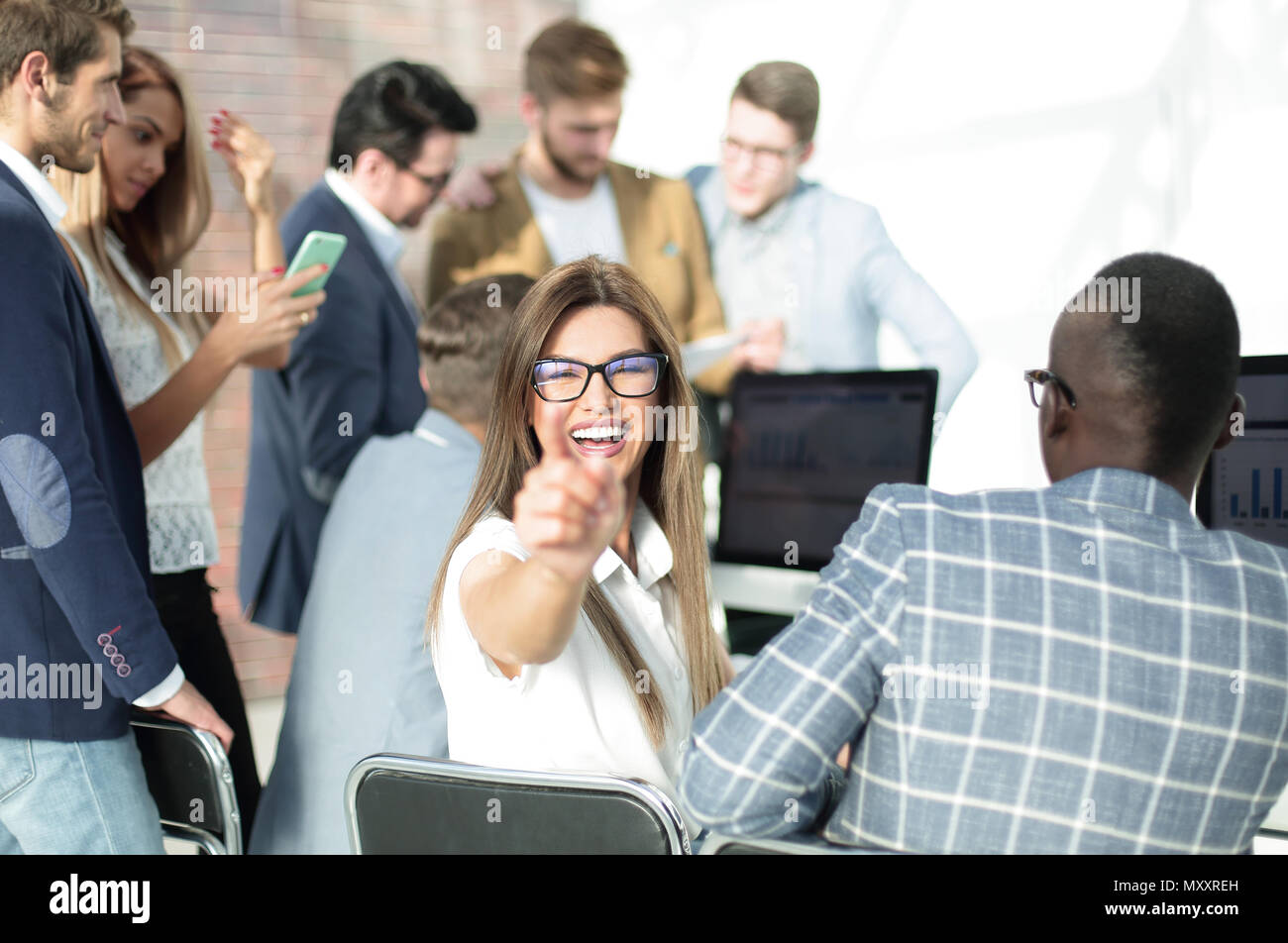 background image of happy employees in the office Stock Photo - Alamy