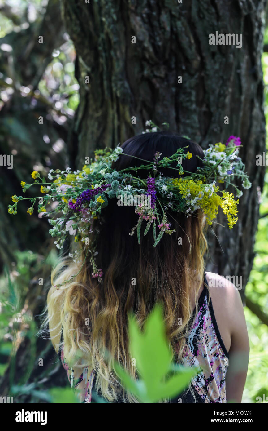 beautiful girl in a wreath of flowers on the banks of the river, on a ...