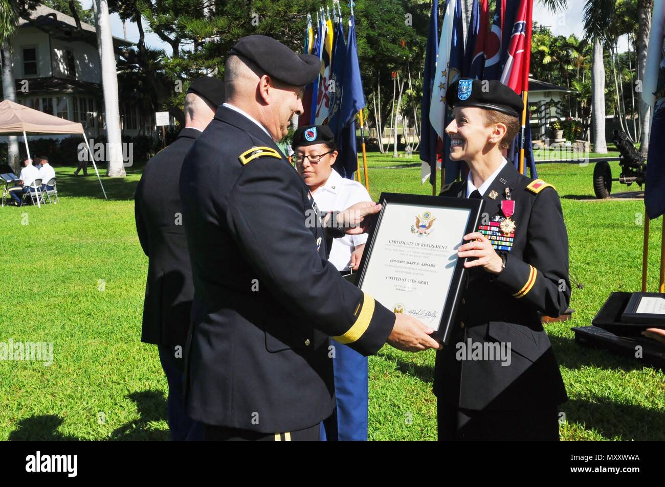 Col. Mary E. Abrams (right) receives her retirement award from Brig ...