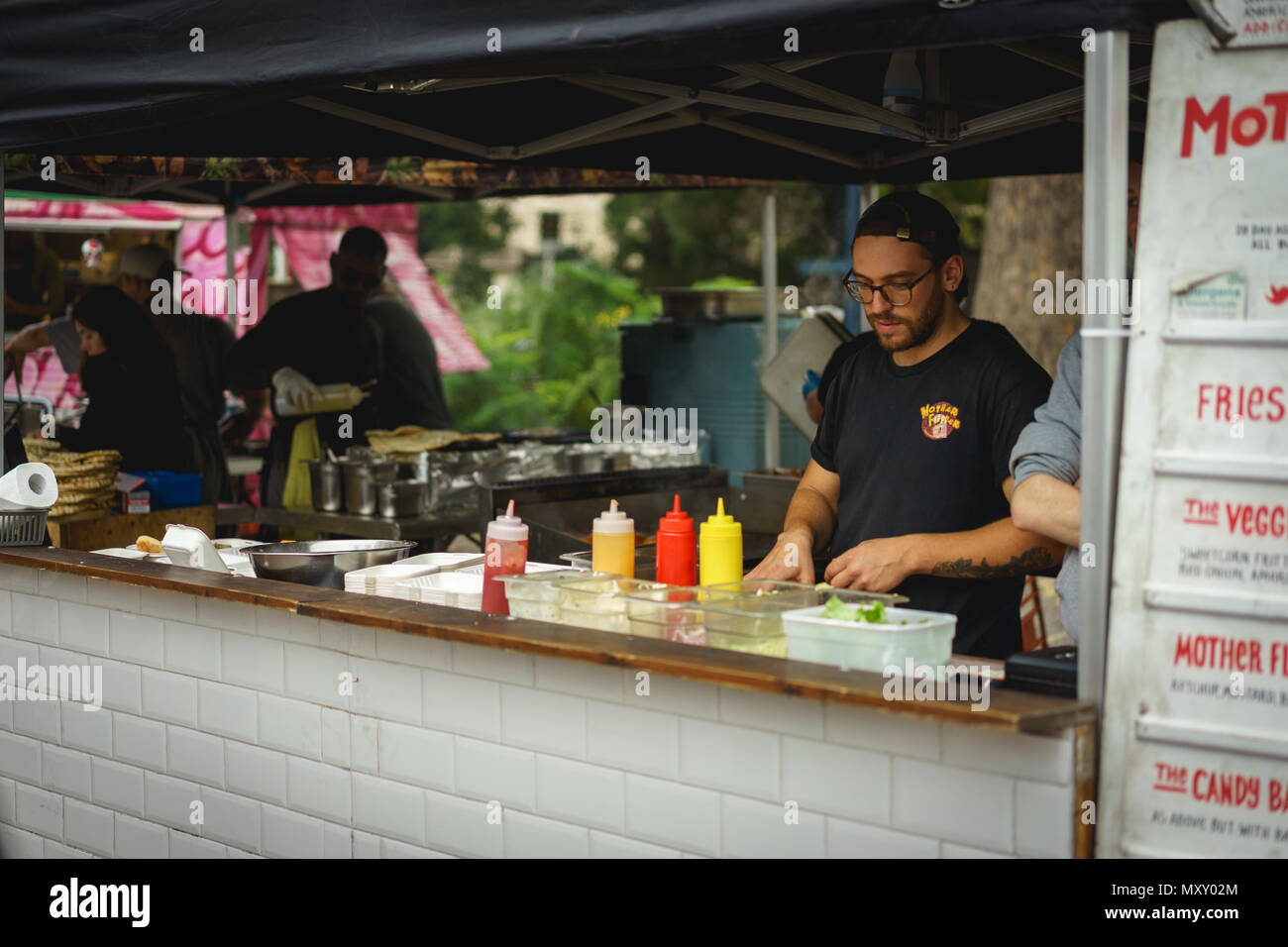 London, UK - October 2017. Burger stall at Brockley Market, local ...