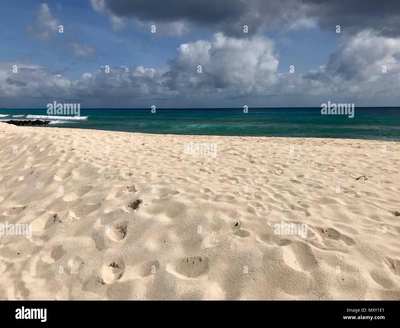 Beautiful panoramic view of an scenic untouched sand beach in Barbados ...