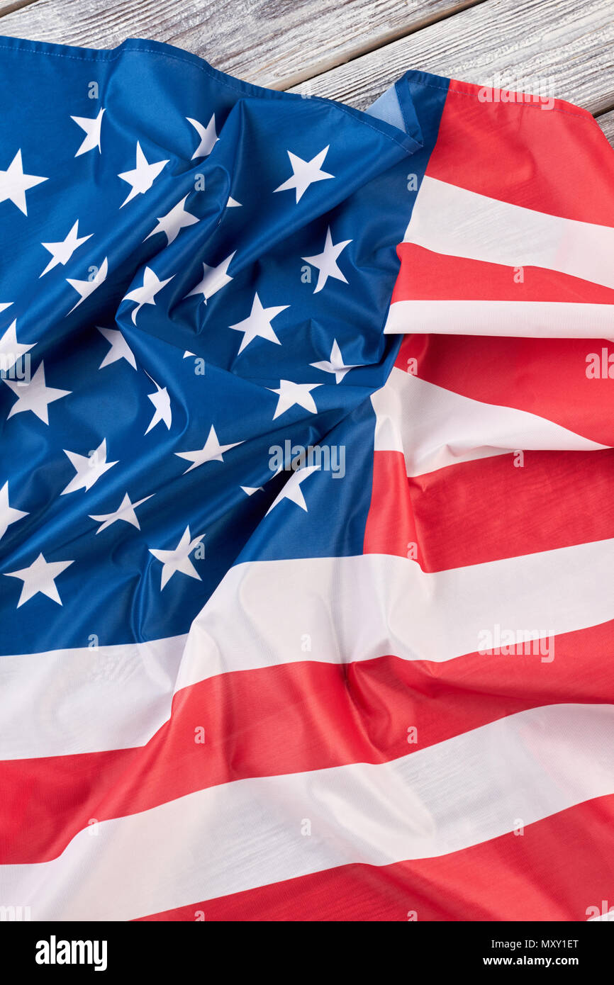 American national flag, top view. Crumpled flag of USA on wooden ...