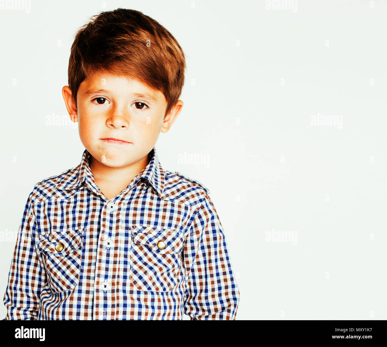 young pretty little cute boy kid wondering, posing emotional fac Stock ...