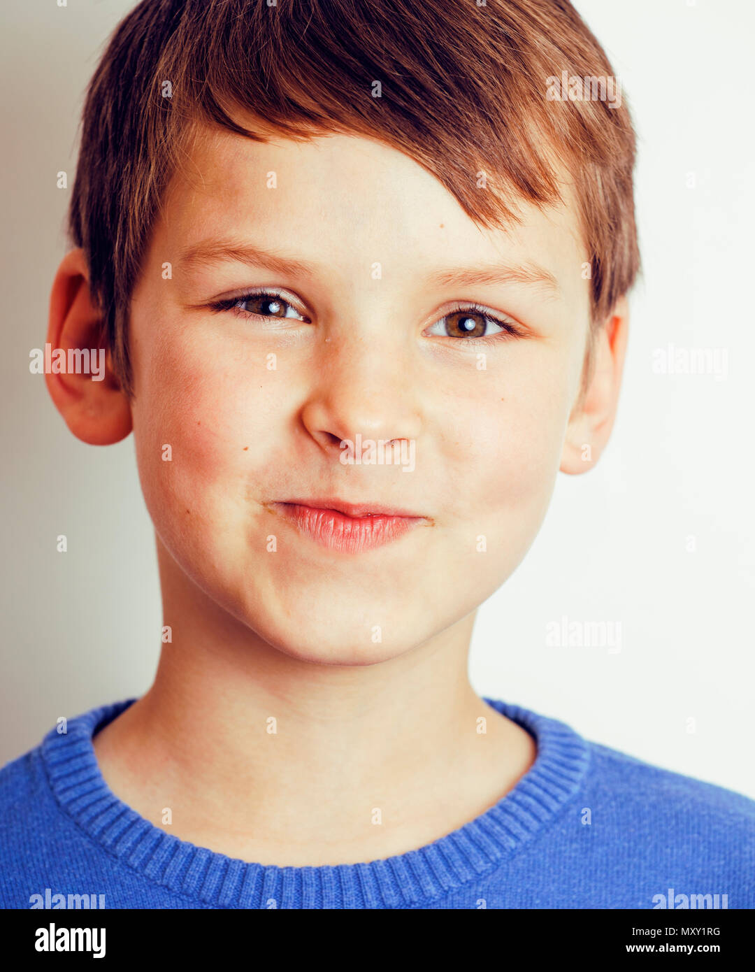 young pretty little cute boy kid wondering, posing emotional fac Stock ...