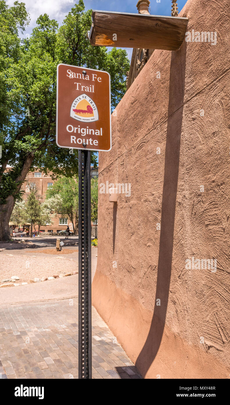 Santa Fe Trail original route sign near adobe wall in Santa Fe, New ...