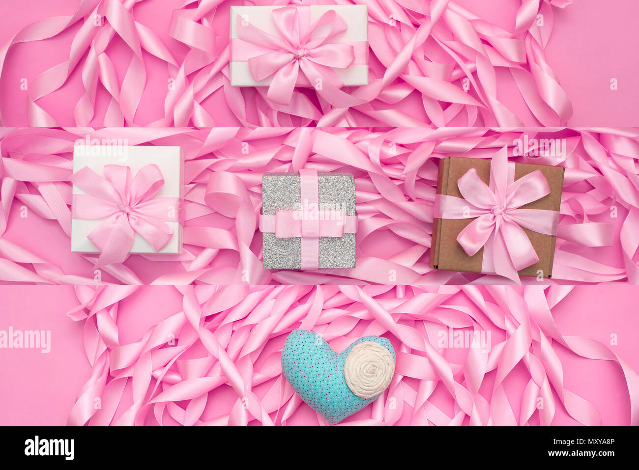 Decorative holiday gift boxes with pink color on pink background. Flat ...