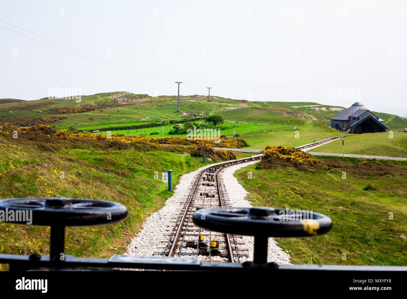 View of tram rail tracks showing the cable system which pulls the trams ...