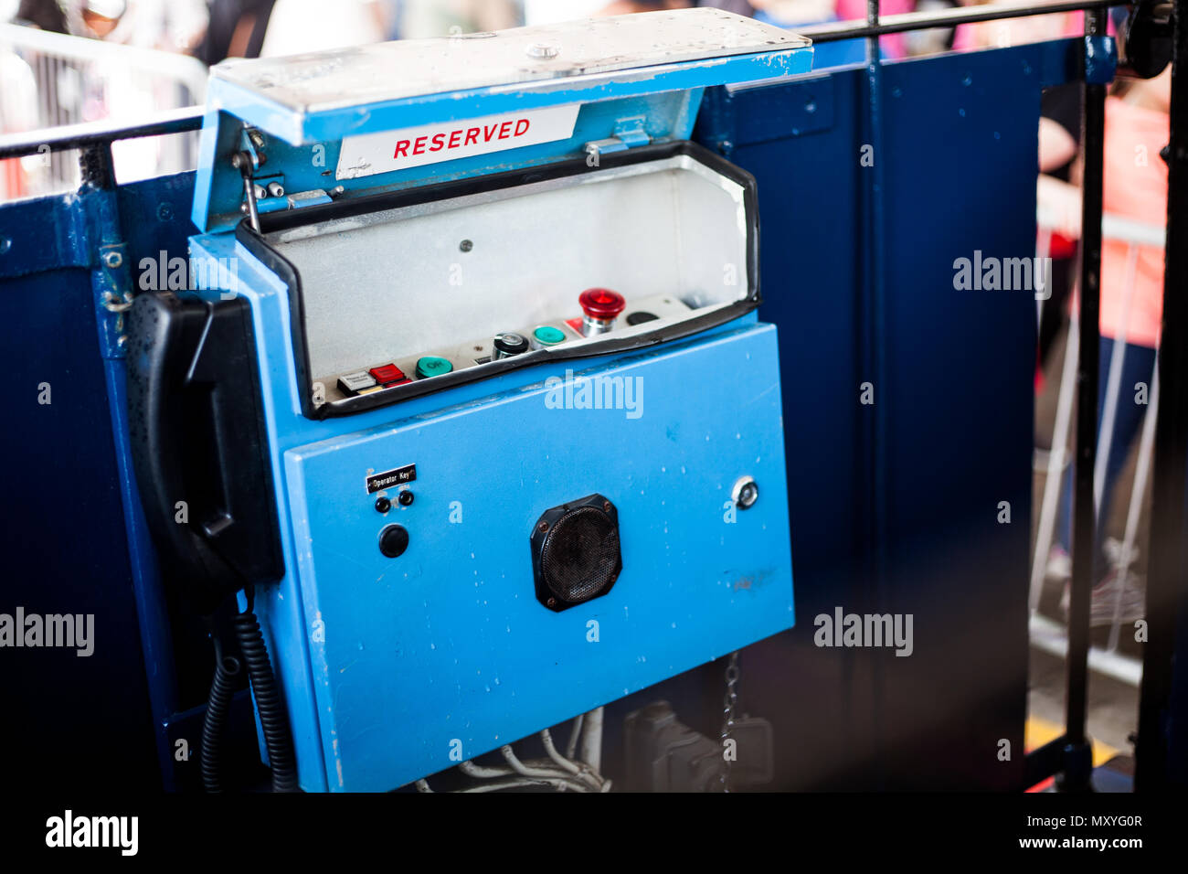 The control panel of the old funicular tramway. Old blue vintage tram ...