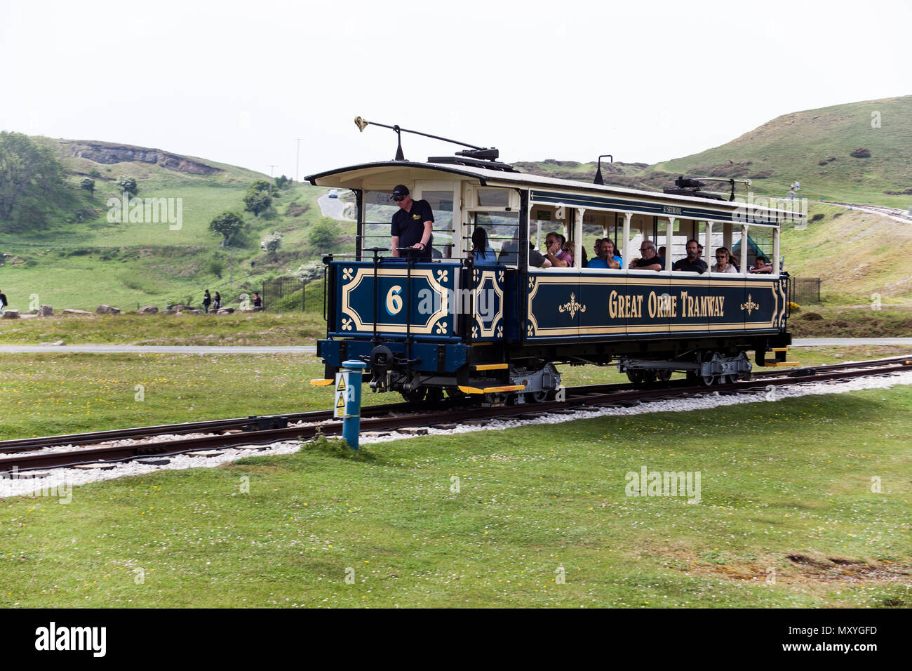 Famous vintage Great Orme tram in LLandudno, Wales. Great Orme Mountain ...