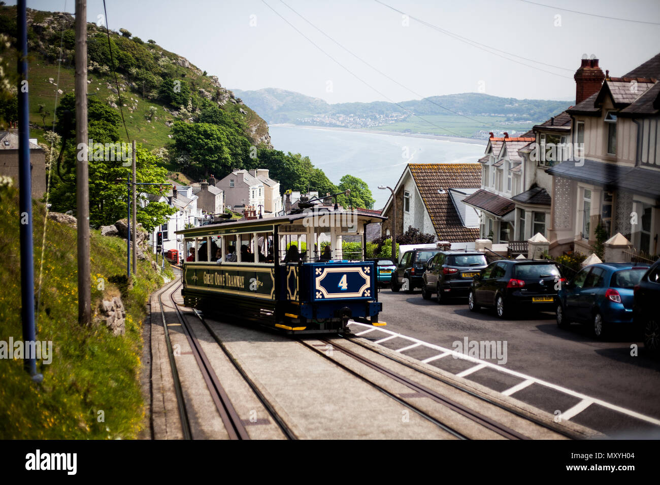 Famous vintage Great Orme tram in LLandudno, Wales. Great Orme Mountain ...