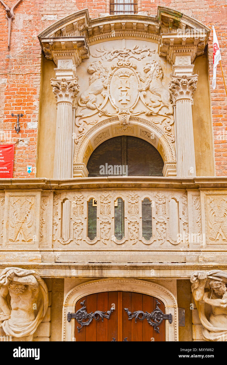 Ornate entrance to the Town Hall in the Old Town of Gdansk in Poland ...