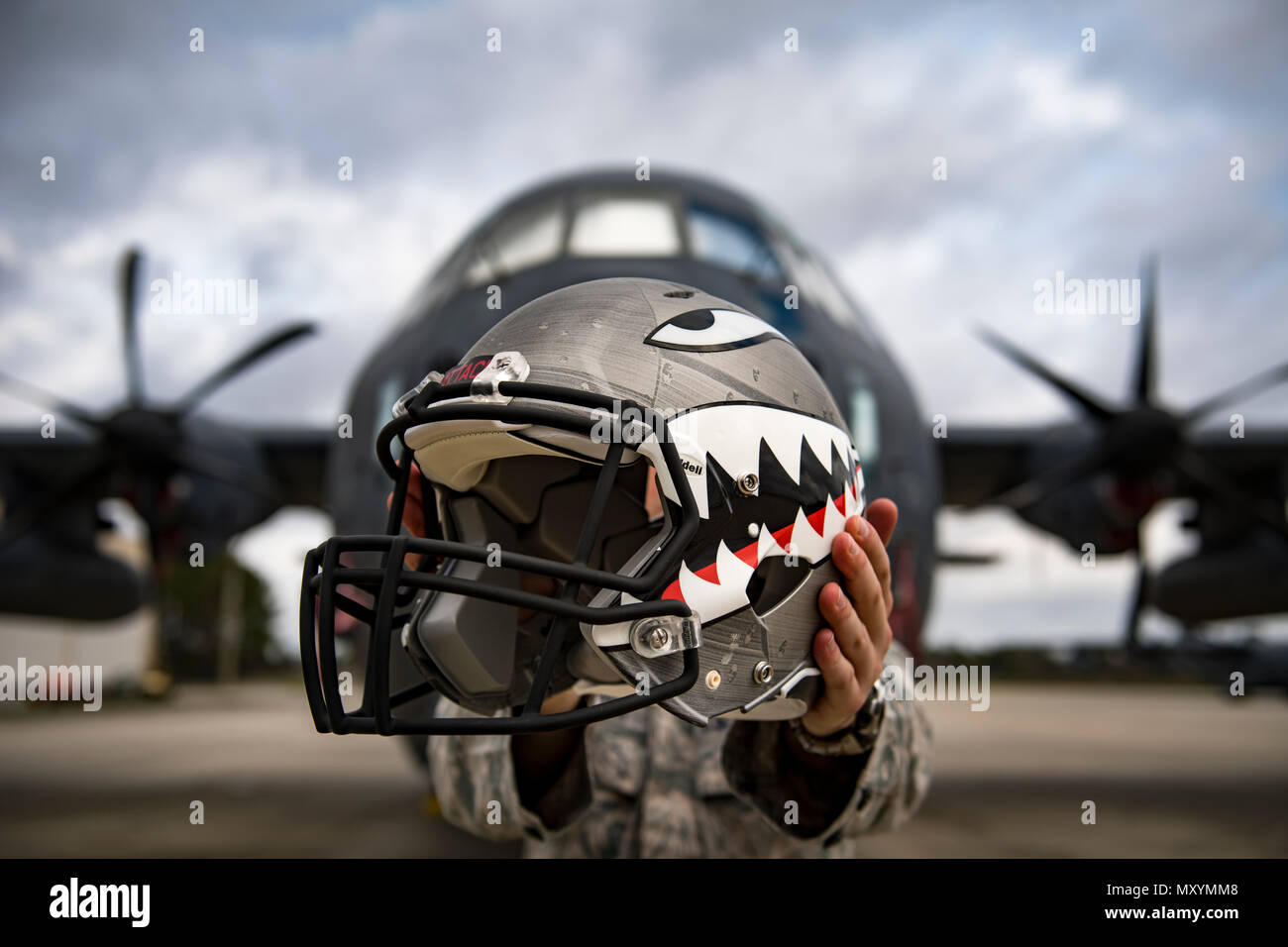 A U.S. Air Force Academy football helmet is displayed in front of an HC ...