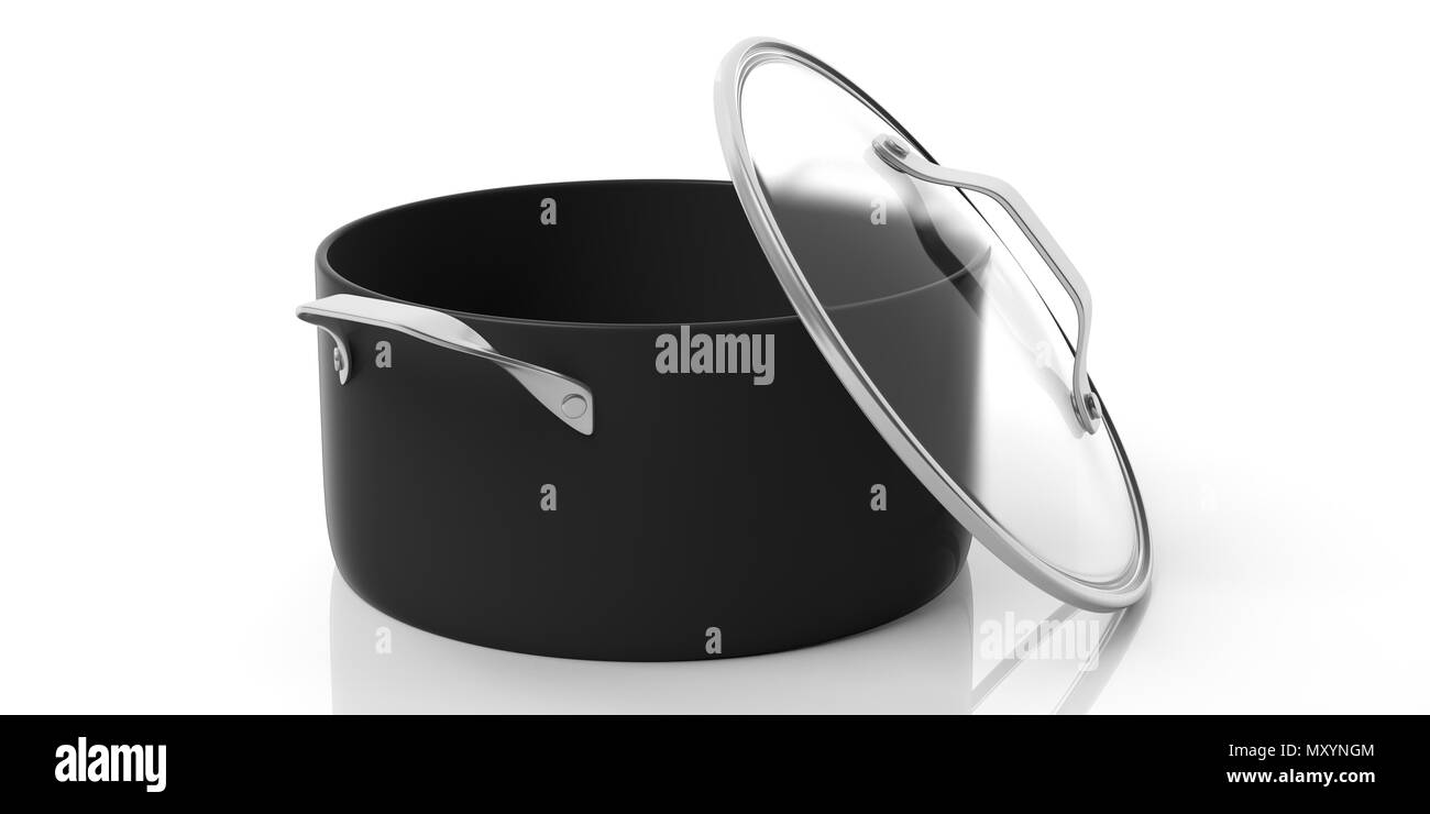 Black stainless steel cooking pot with open glass lid isolated on white ...