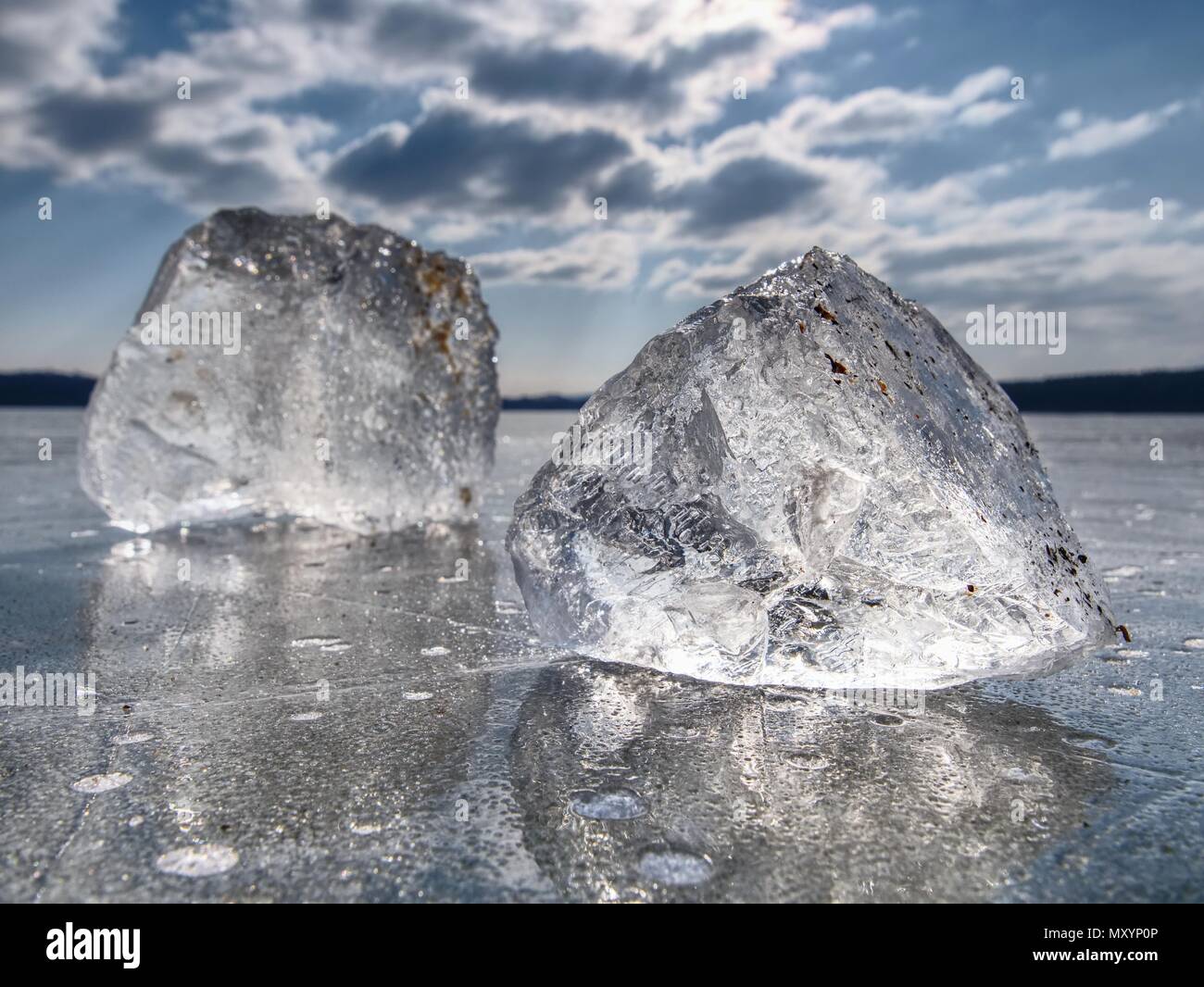Shining broken ice. It beautifully shimmers the sun's rays, plays light ...