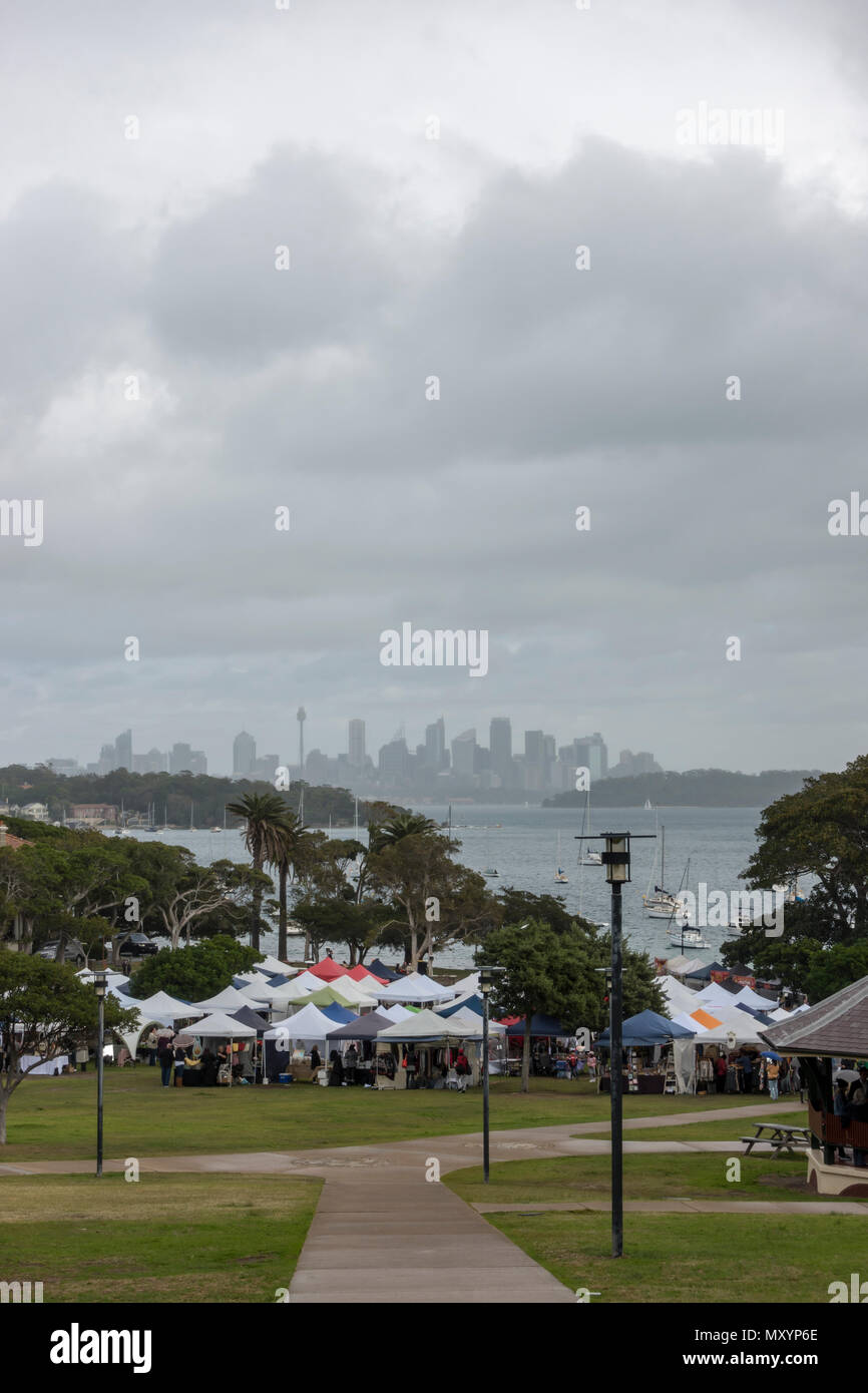 Sunday Market at Watson's Bay, Sydney, with view to the Sydney city ...