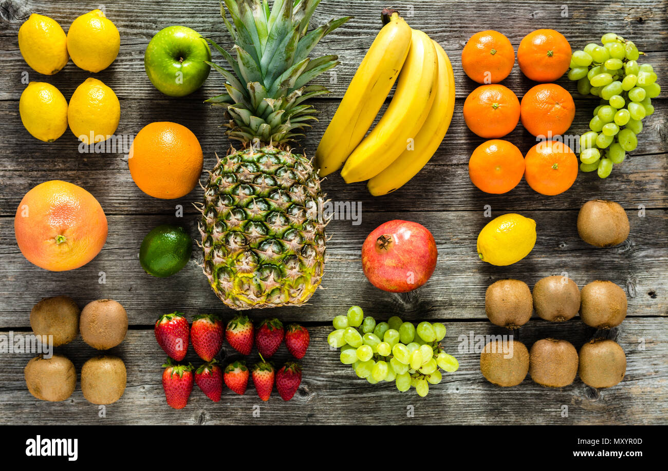Farm table with fruits, flat lay. Fresh fruit background, healthy food ...