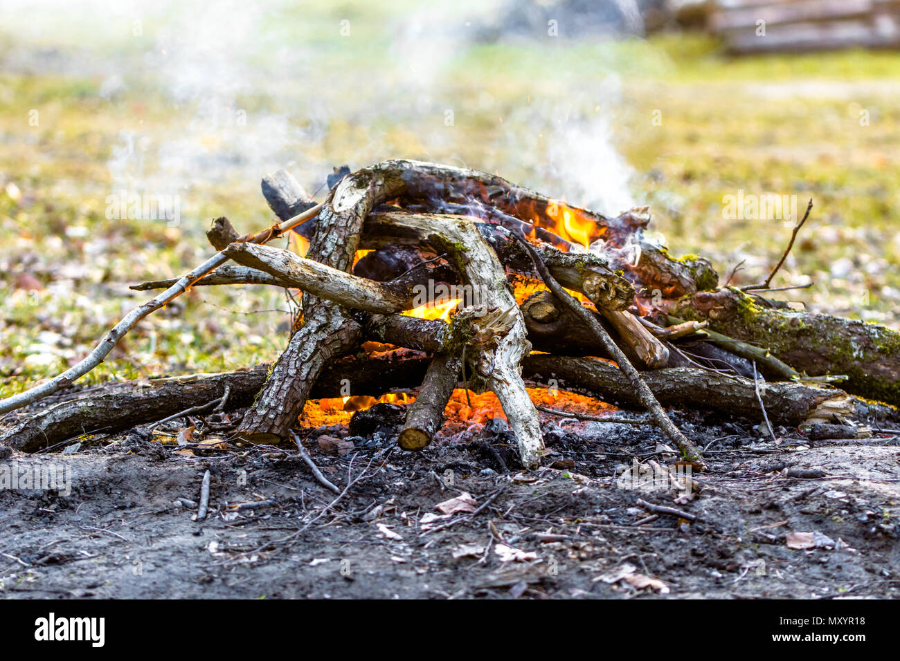 Summer campfire on camp site Stock Photo - Alamy