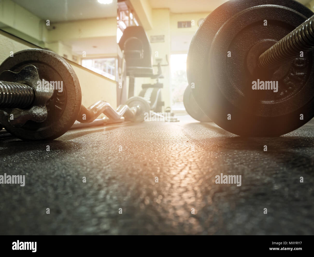 Side view of barbell on the floor in fitness gym Stock Photo - Alamy