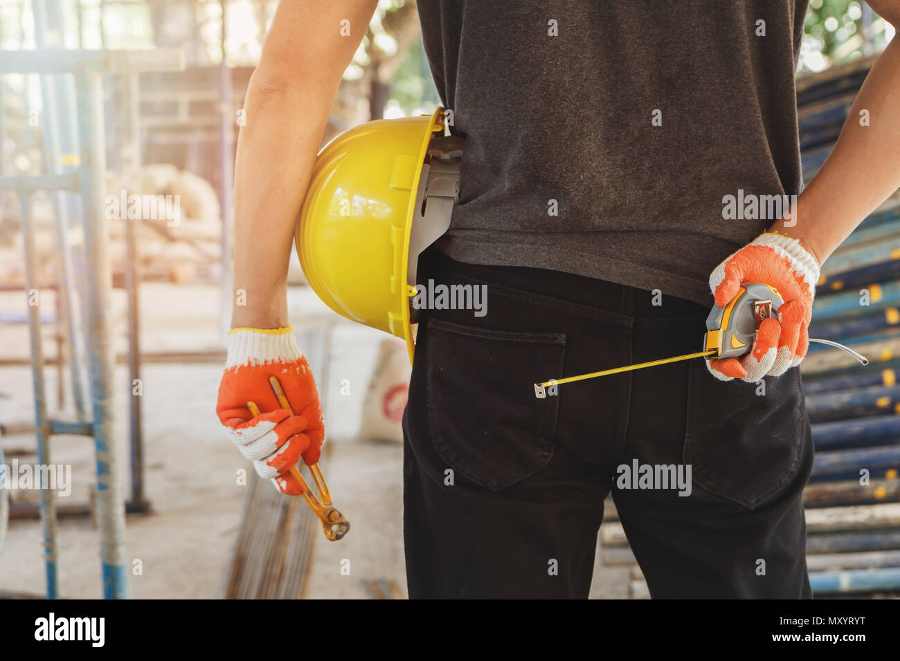 Construction Worker with helmet in building construction site Stock ...