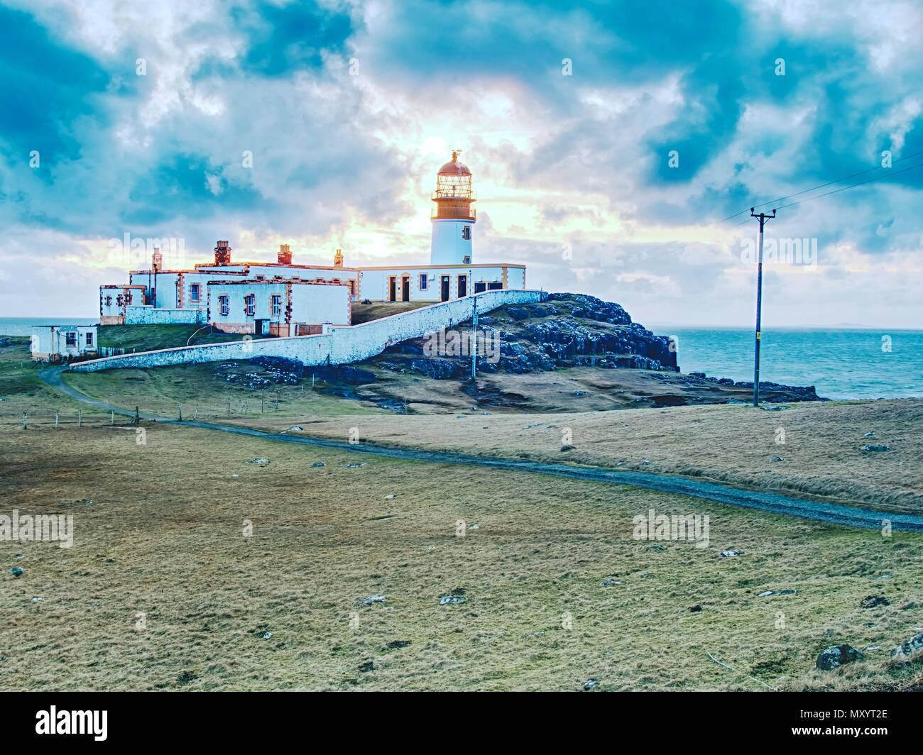Old landscape lighthouse, white light tower with building for ...