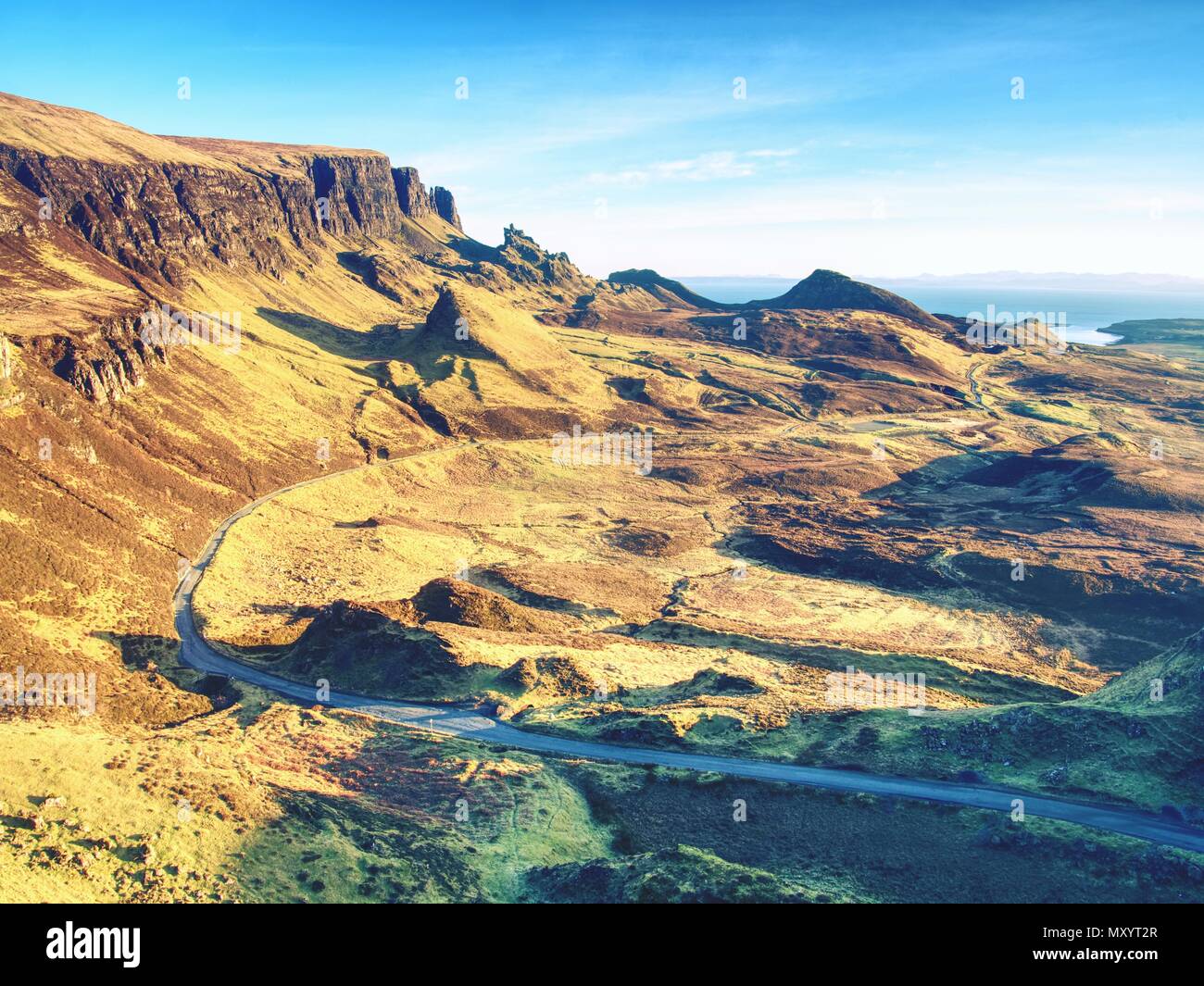 Quiraing mountains sunset at Isle of Skye, Scottish highlands. Tourist ...
