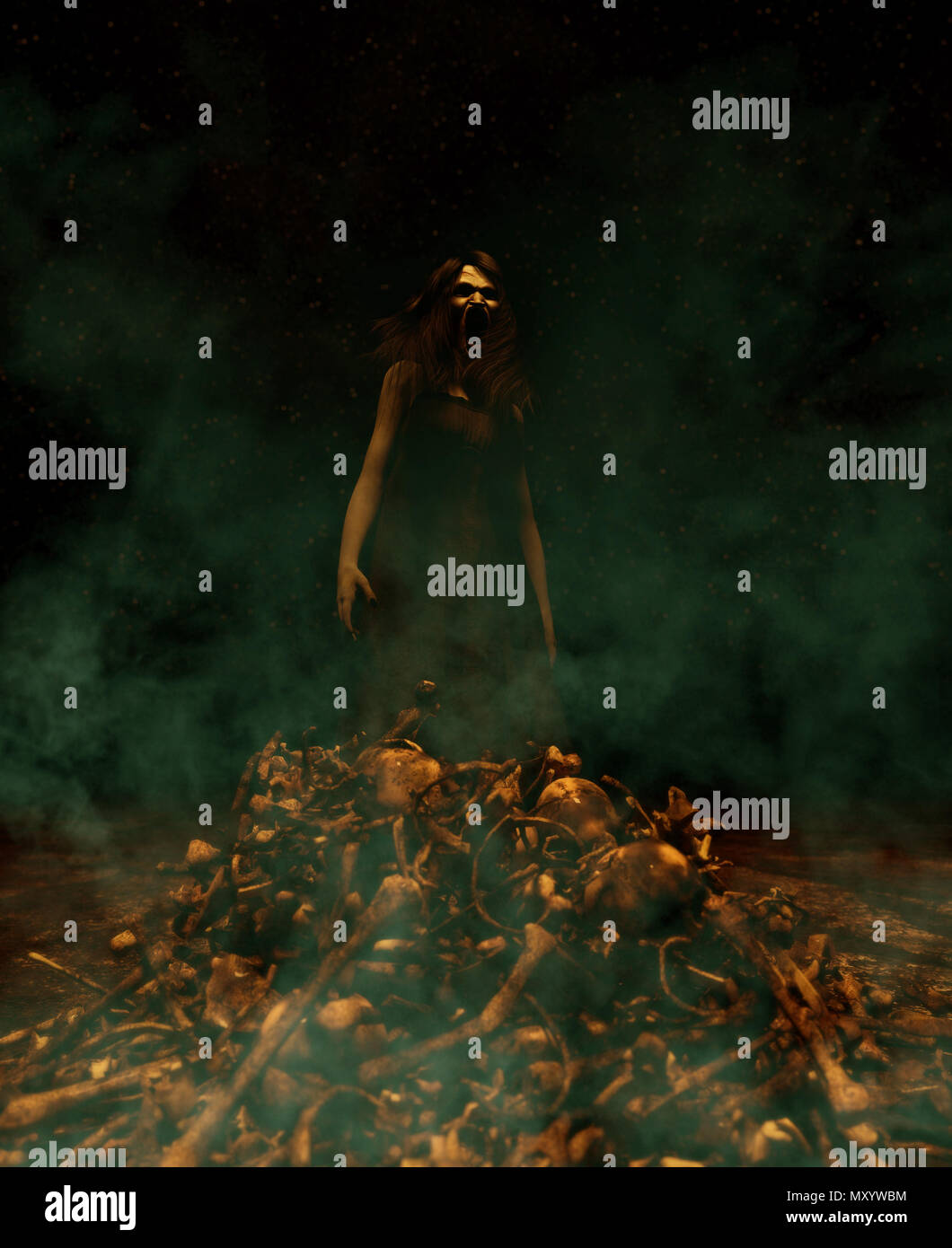 Ghost woman behind piles of Human bones in the dark,3d illustration ...