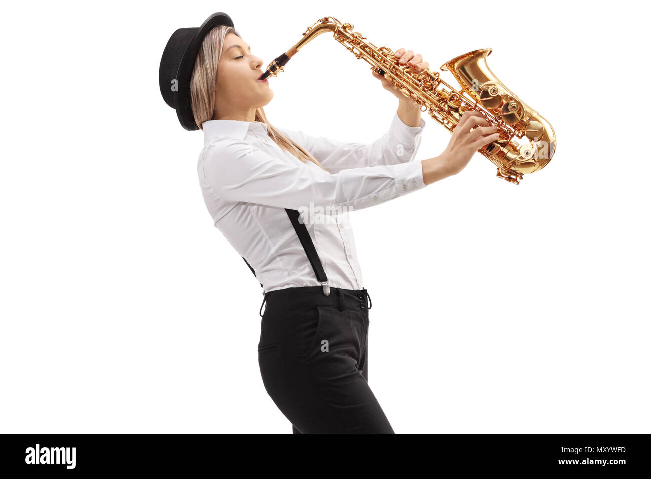 Female jazz musician playing a saxophone isolated on white background ...