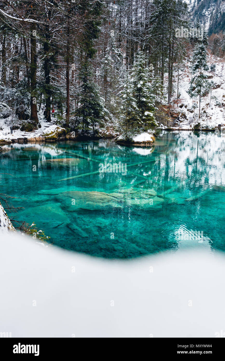 idyllic Blausee near Kandersteg in winter Stock Photo - Alamy