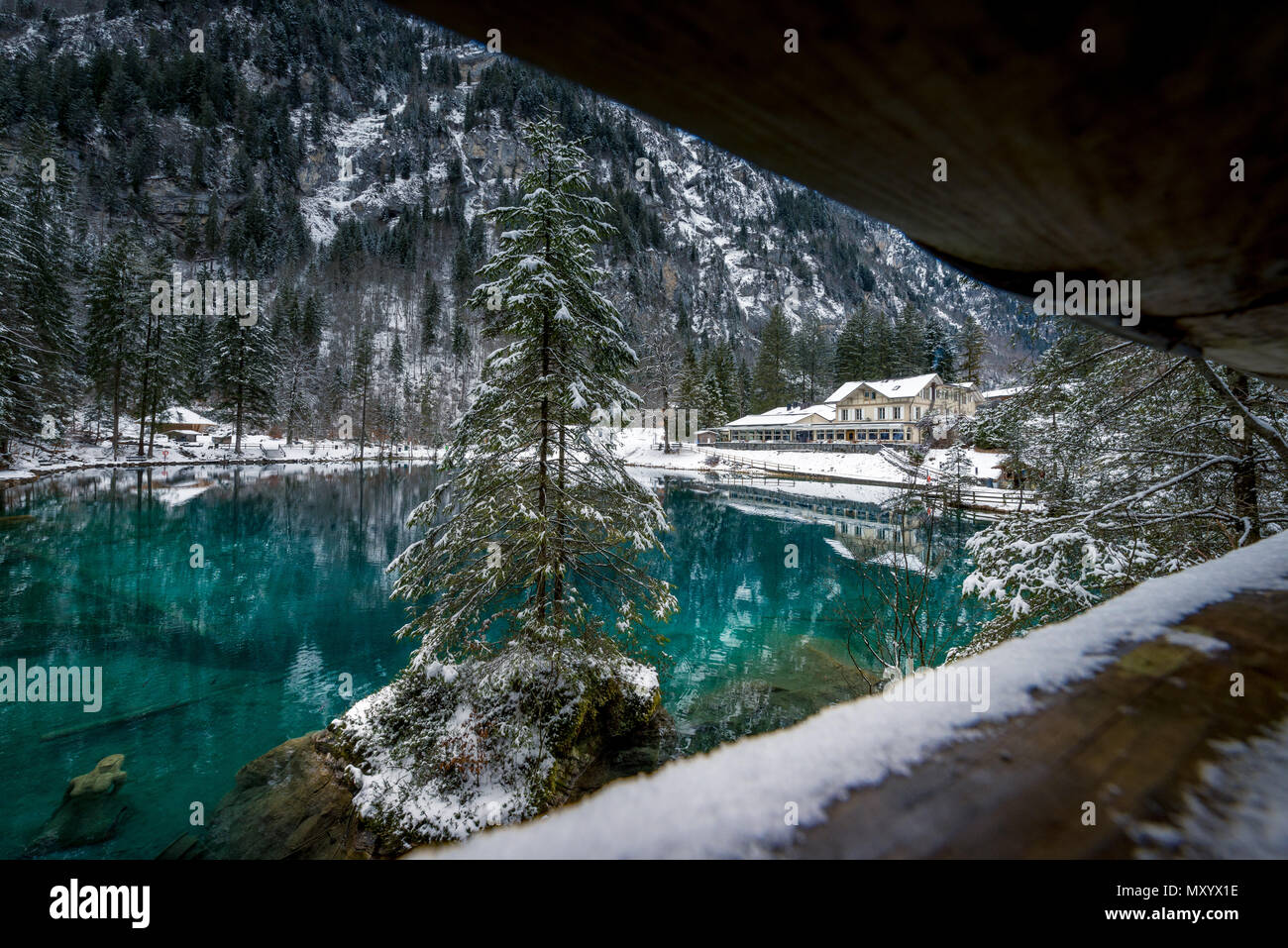 idyllic Blausee near Kandersteg in winter Stock Photo - Alamy