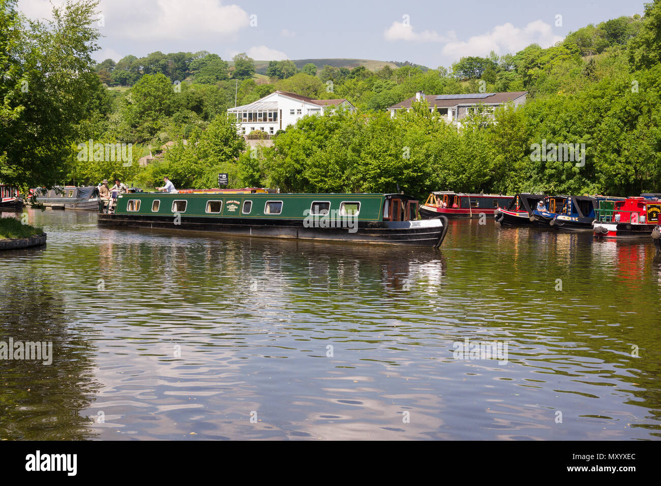 Canal narrowboats moored up in the Llangollen marina on the Llangollen ...