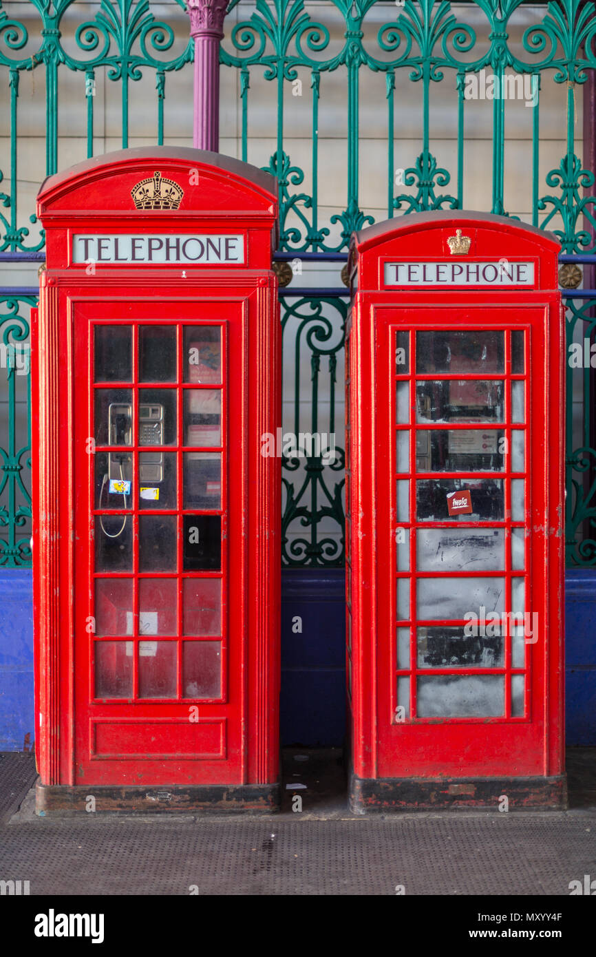 Two red telephone boxes, Smithfield Market, London, K2 on the left and ...