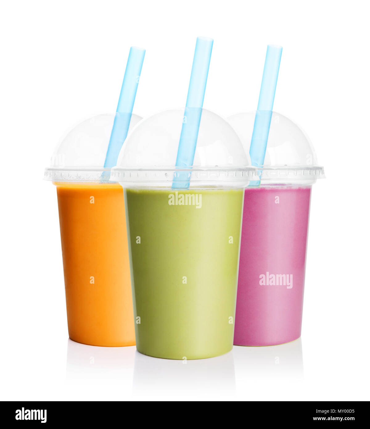 Orange, green and purple smoothie in plastic transparent cups isolated ...