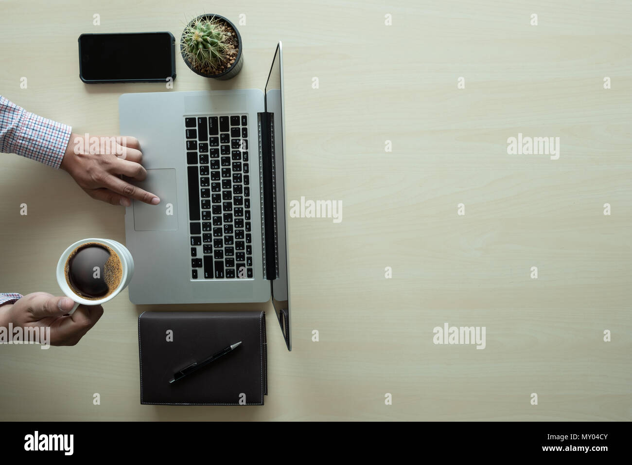 Overhead View top view man Working Desk Concept Stock Photo - Alamy
