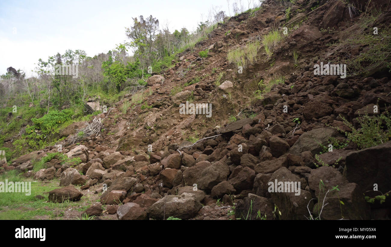 Landslides and rockfalls on the road in the mountains. Mud and rocks ...
