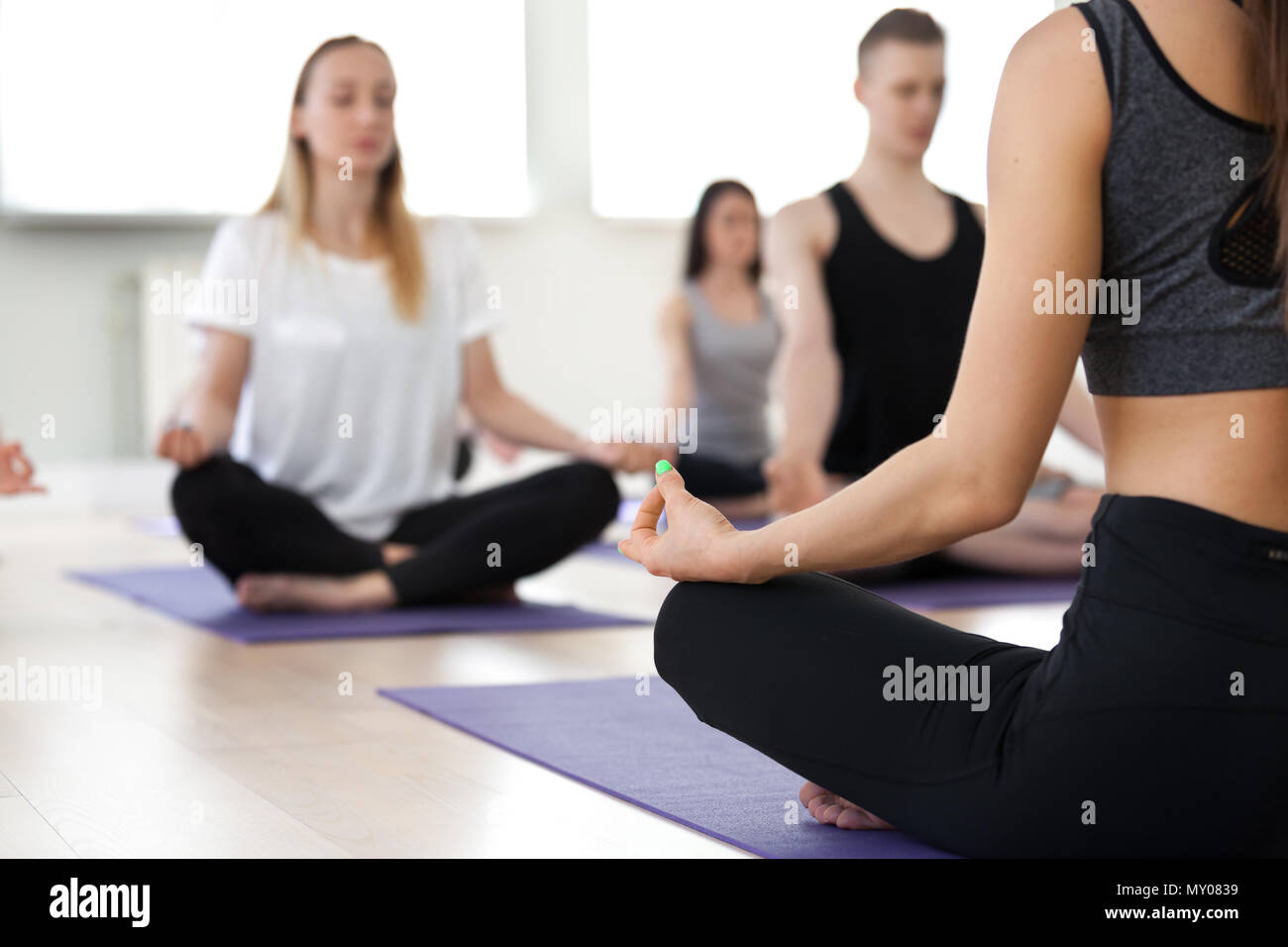 Group of young sporty people practicing yoga lesson with female instructor, doing Sukhasana ...