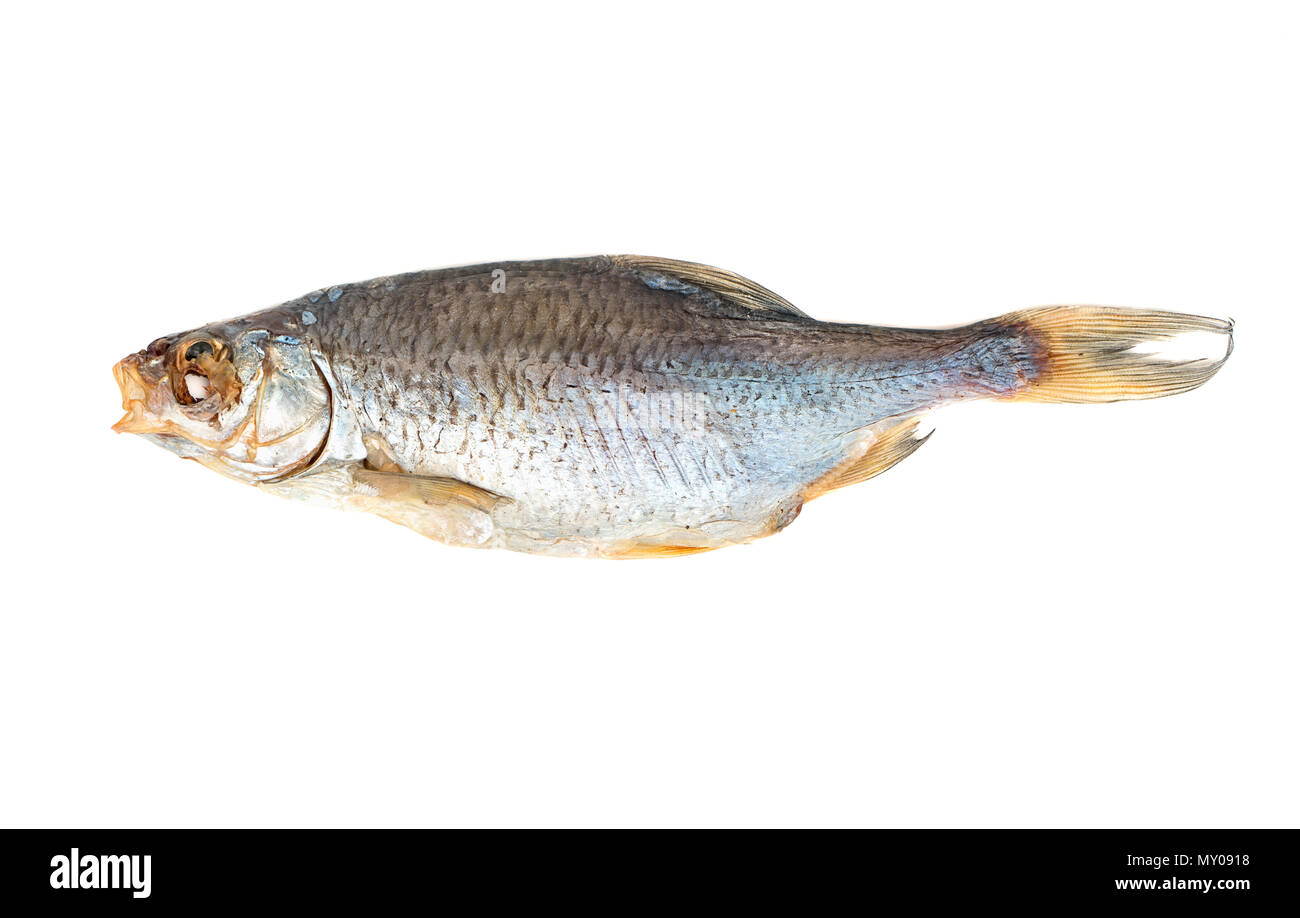 Delicious dry fish isolated on white background, top view Stock Photo ...