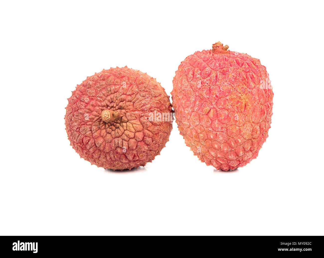 Two fresh lychee fruit, in shell isolated on white background Stock ...