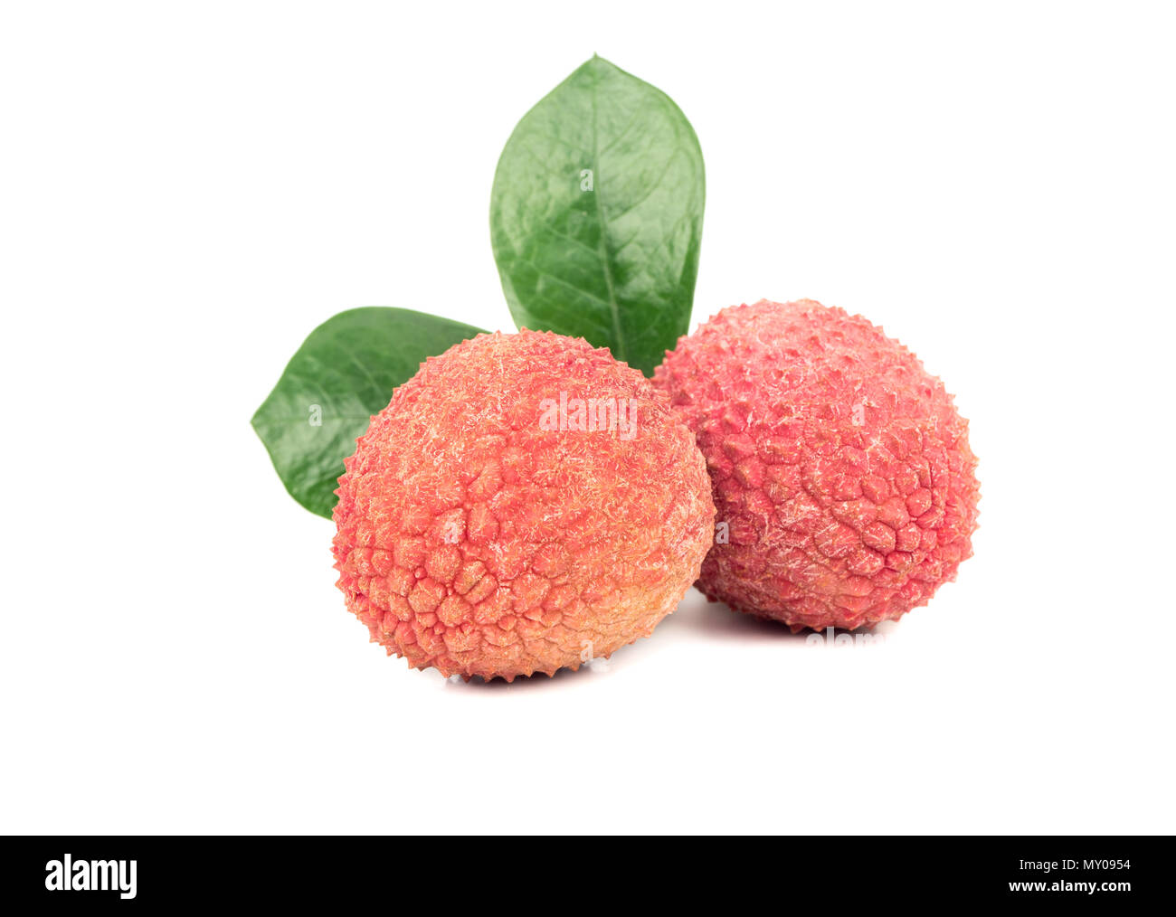 Two lychee fruit in the shell with leaves on white background Stock ...