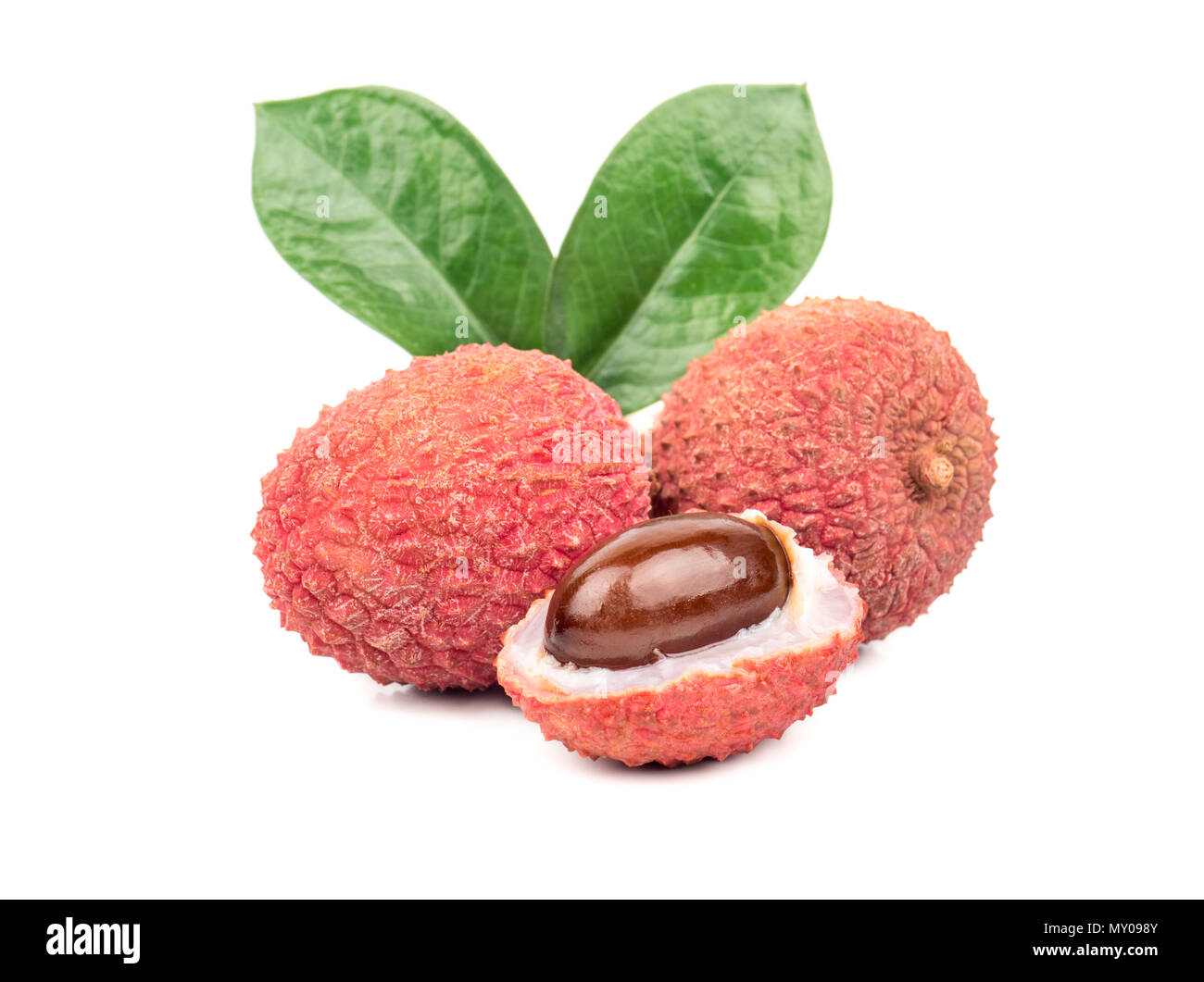 Fresh fruit lychee in the shell with half and leaves on white ...