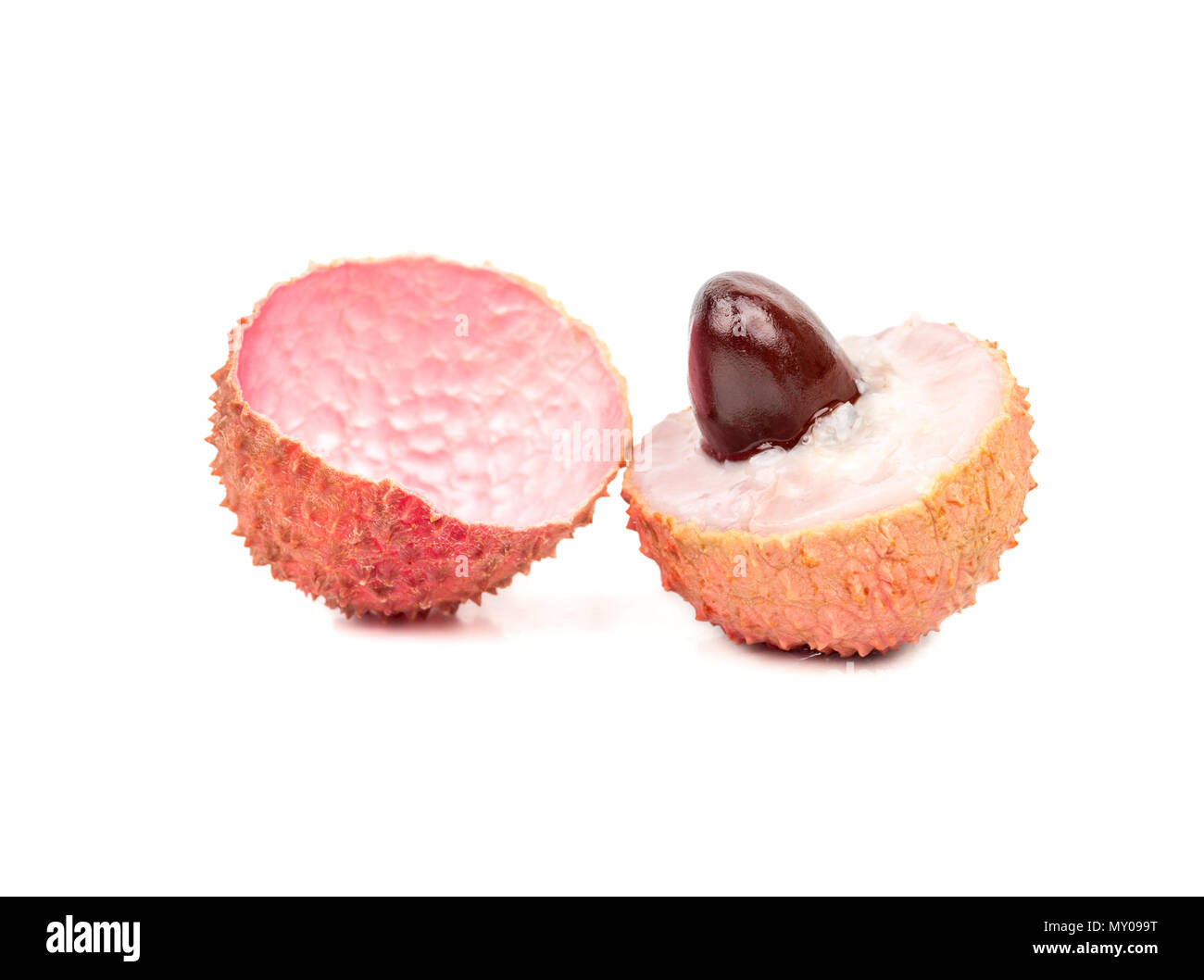 Chinese lychee fruit cut into two halves on white background Stock ...