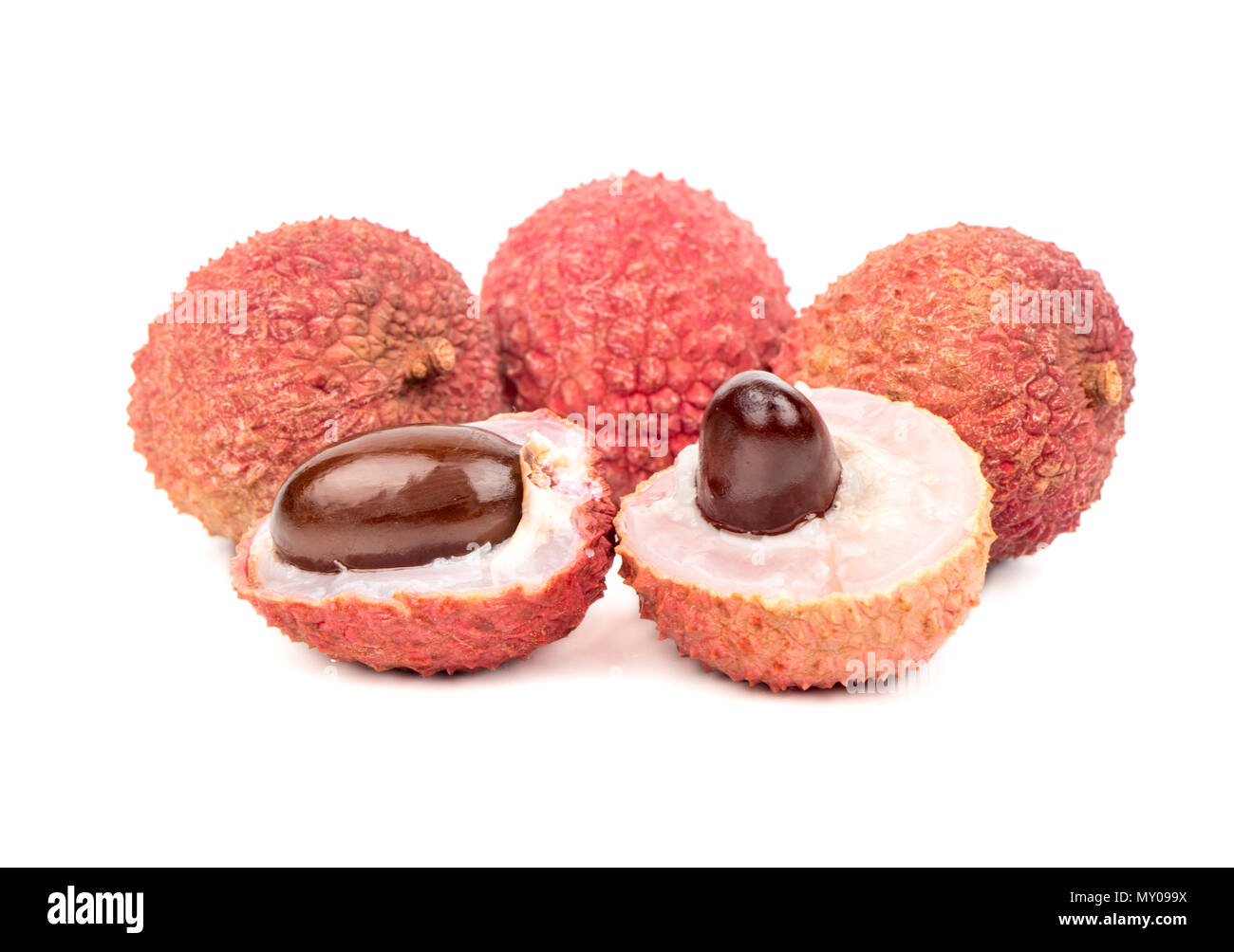 Chinese lychee fruit with two halves on white background Stock Photo ...