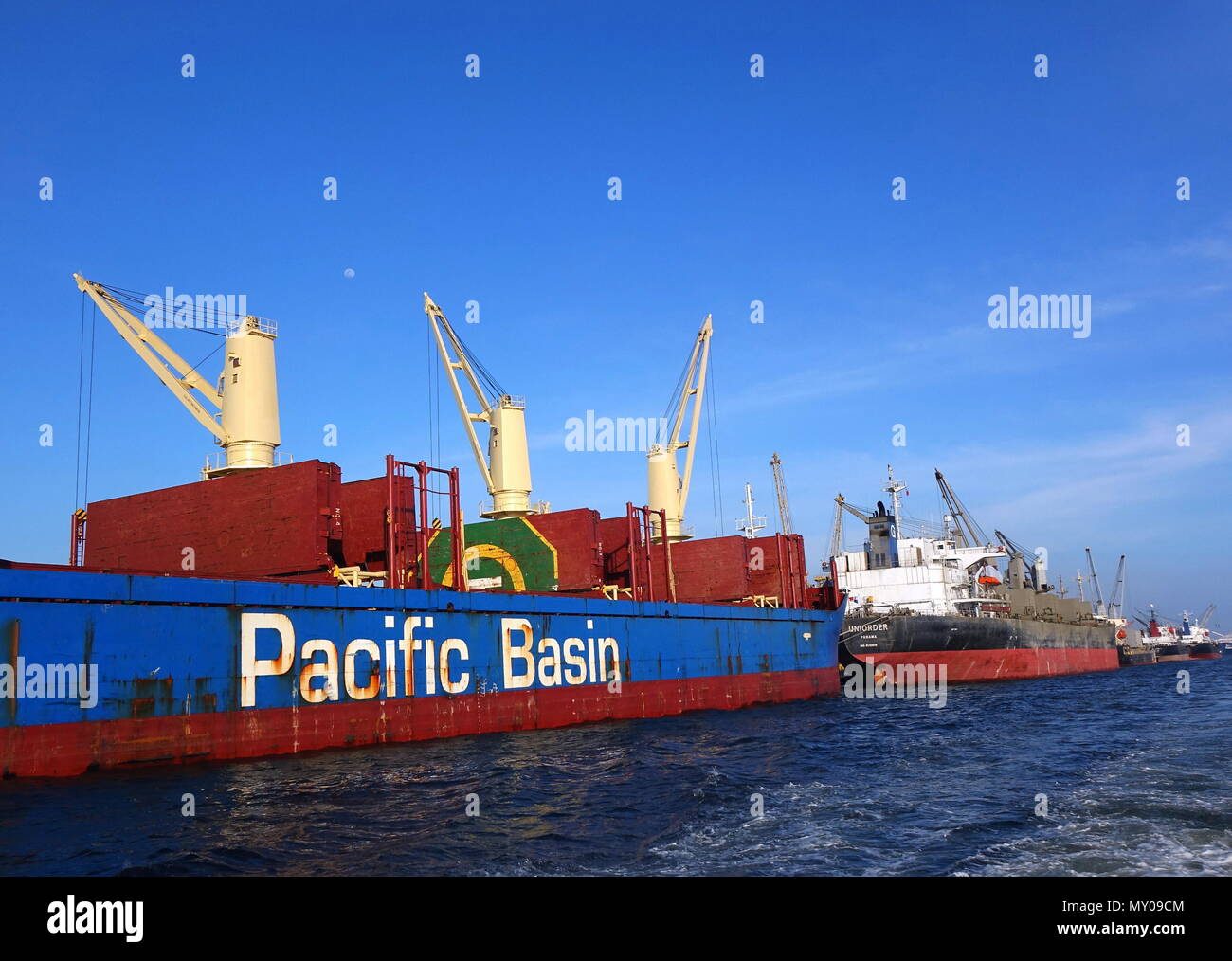 KAOHSIUNG, TAIWAN -- MAY 26, 2018: A large ocean-going cargo ship with ...