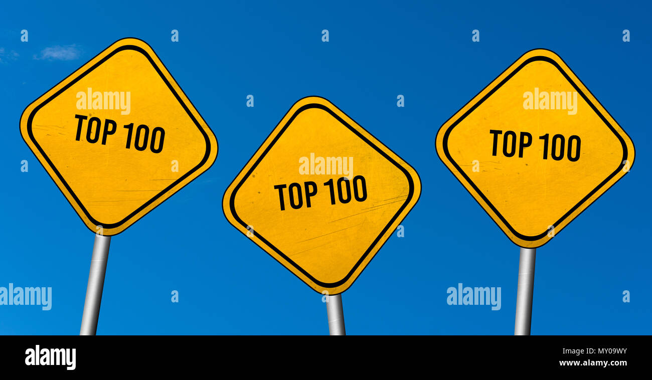 top 100 - yellow signs with blue sky Stock Photo - Alamy