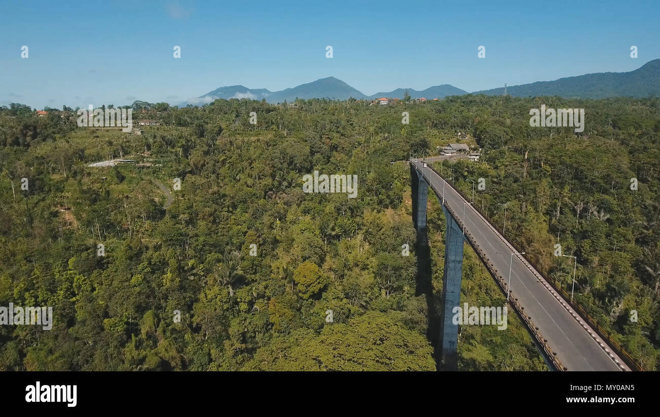 Bridge with car road over mountain canyon, mountains, rainforest ...
