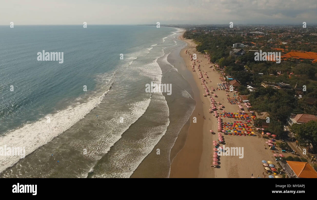 Aerial view of beautiful beach, hotels and tourists, Bali, Kuta ...